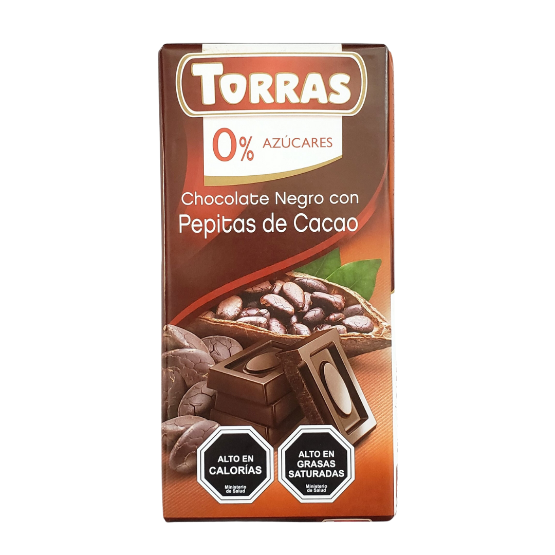 TORRAS- CHOCOLATE NEGRO CON PEPITAS DE CACAO SIN AZUCAR 75GR - Planeta ...